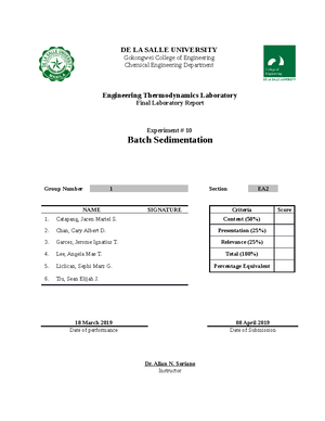 10 Batch Sedimentation experiment - DE LA SALLE UNIVERSITY Gokongwei College of Engineering ...