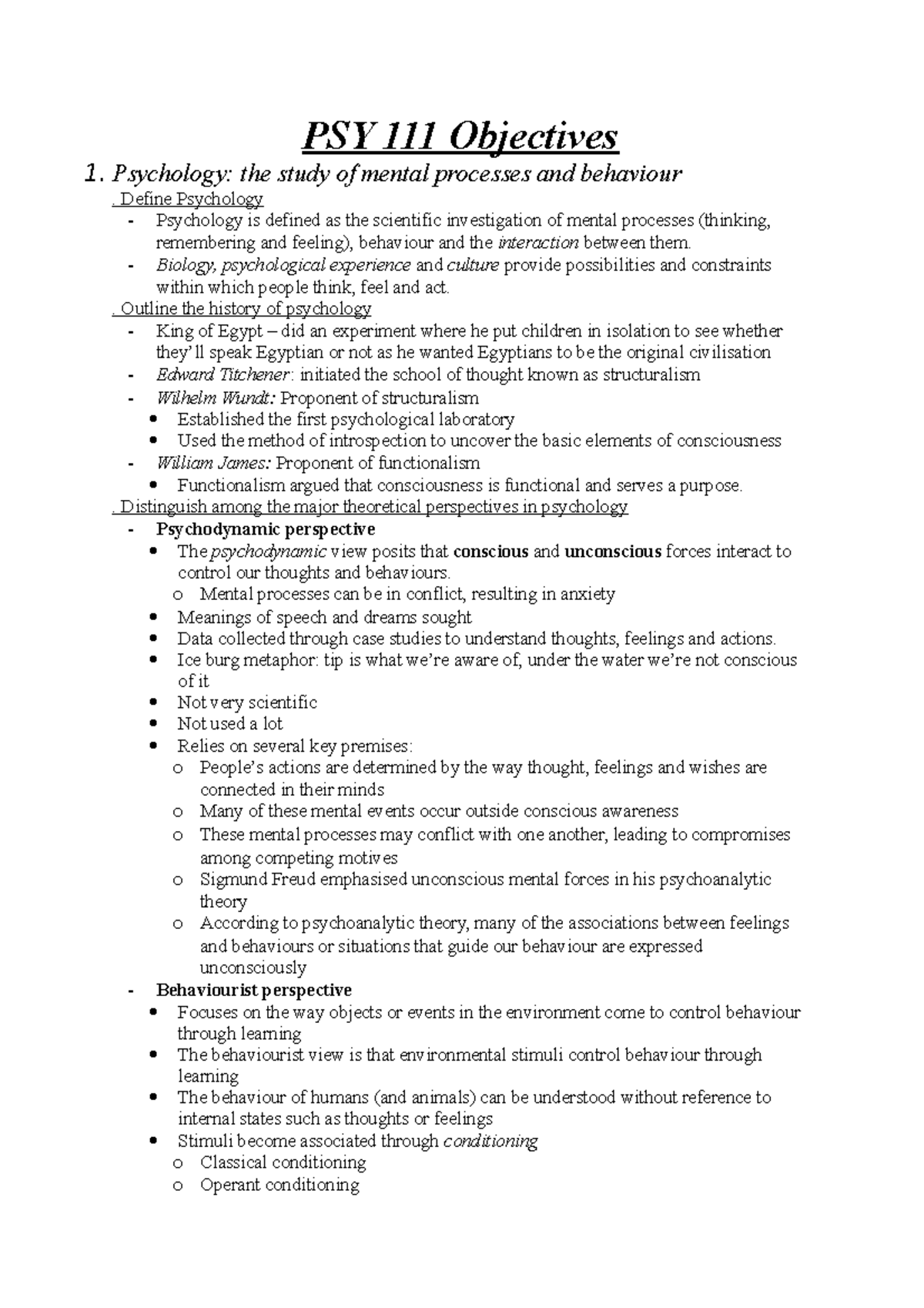 PSY 111 Objectives - PSY 111 Objectives 1: the study of mental ...