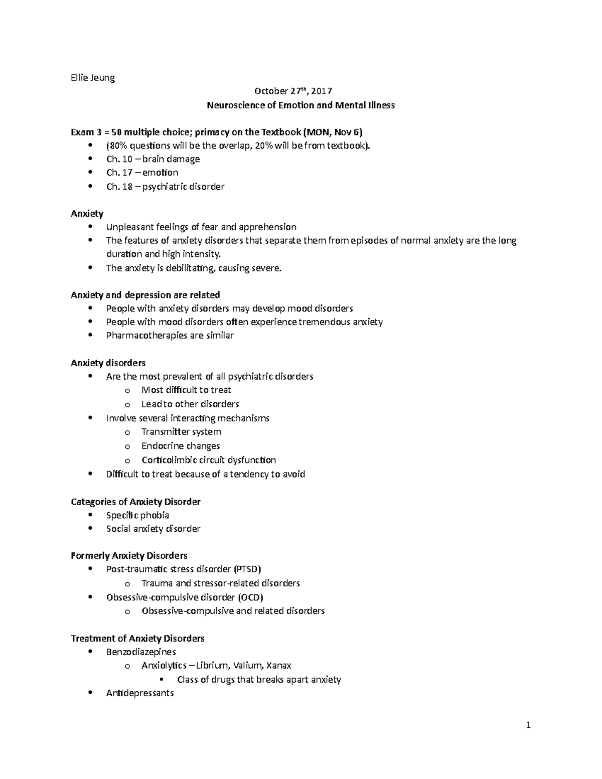 10.27.17 psychiatric disorders notes - Ellie Jeung October 27th, 2017 ...