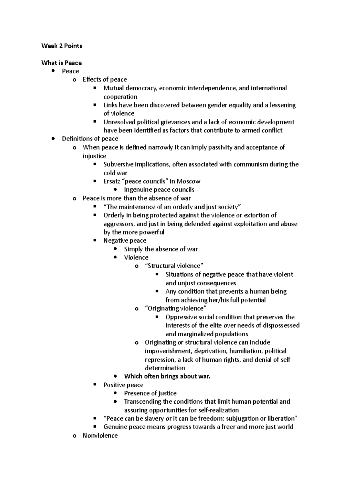 War and Peace - 2 - N/A - Week 2 Points What is Peace Peace o Effects ...