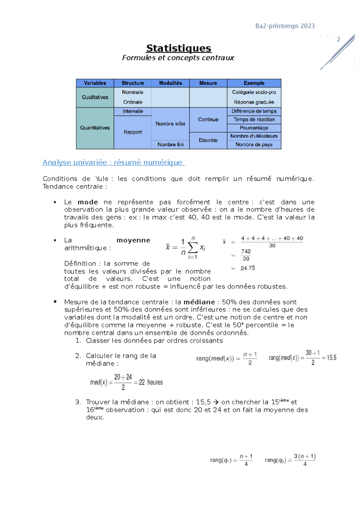 Statistiques formules - 2 Statistiques Formules et concepts centraux ...