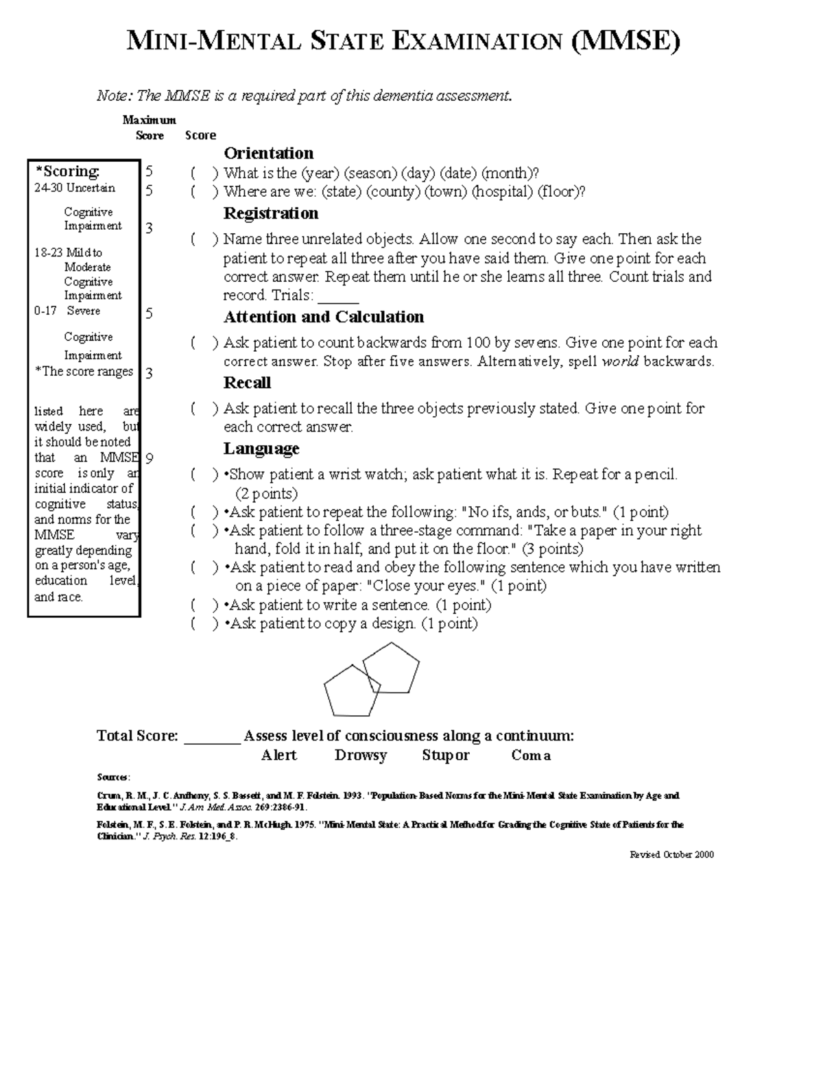 Mental status exam template 10 - MINI-MENTAL STATE EXAMINATION (MMSE ...