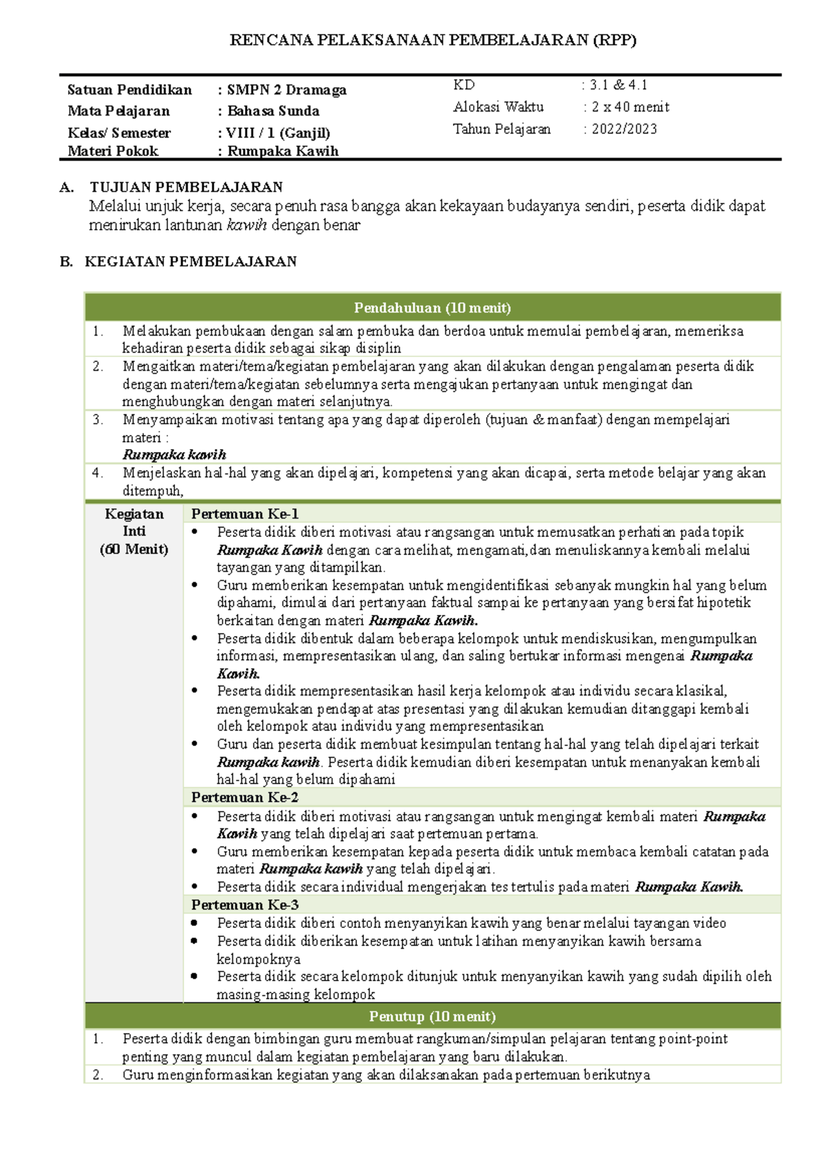 RPP Kelas 8 Materi Rumpaka Kawih - RENCANA PELAKSANAAN PEMBELAJARAN (RPP) Satuan Pendidikan ...