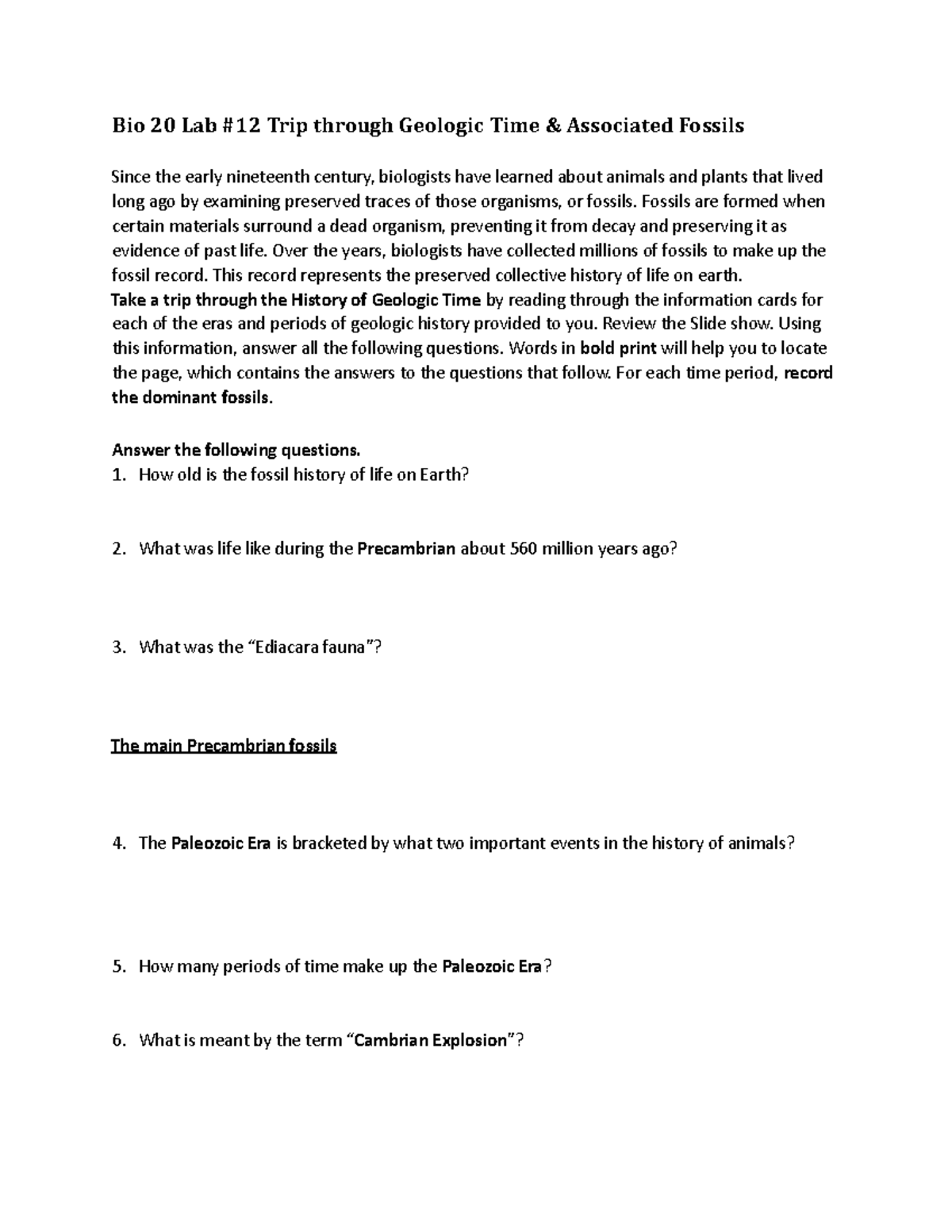 Bio 20 Lab #12 A Trip through Geologic Time FA21 - Fossils are formed ...