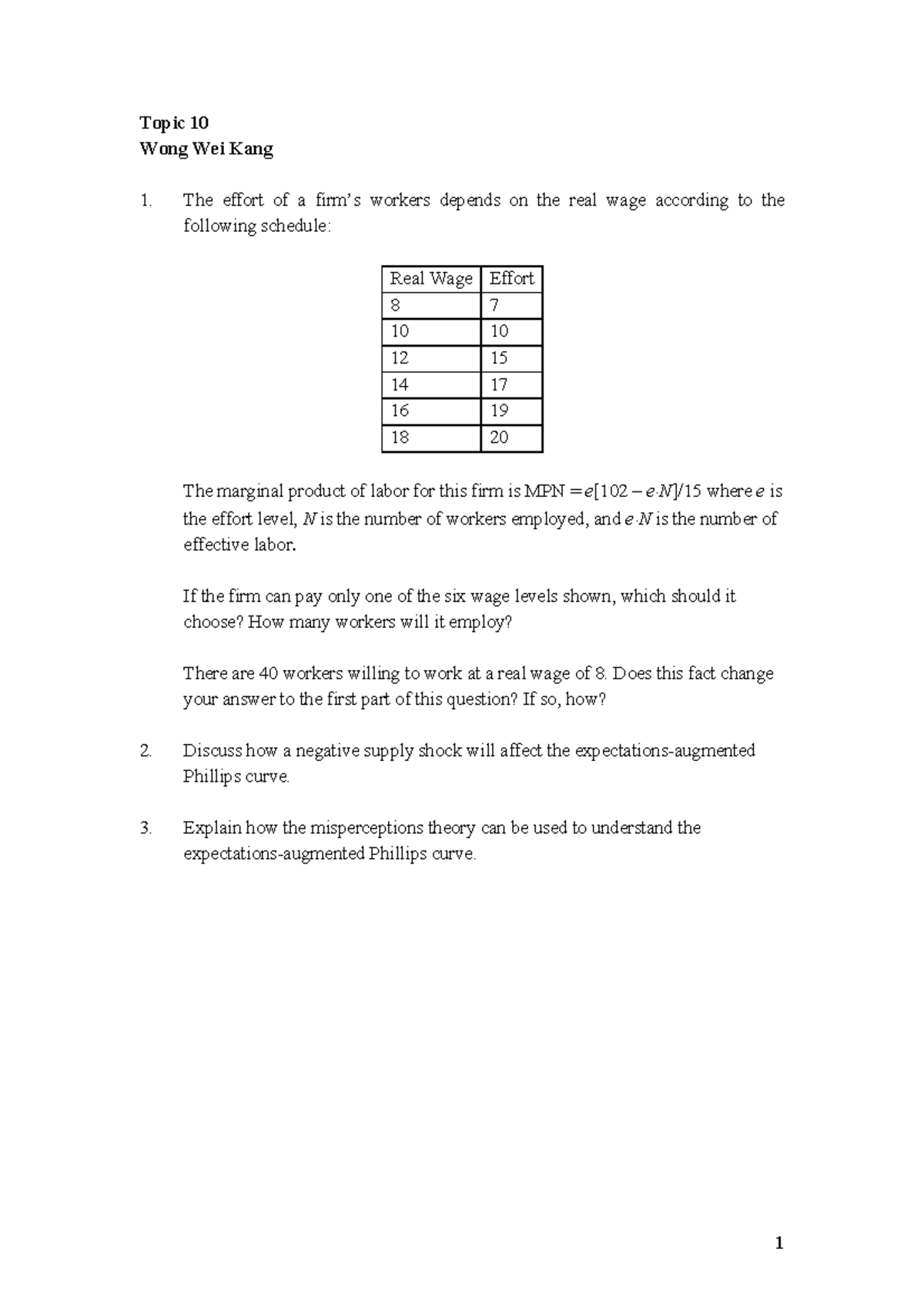 EC2102 Topic 10 - 1 Topic 10 Wong Wei Kang The effort of a firm’s ...