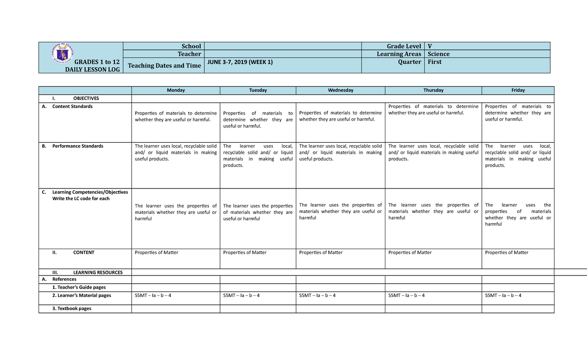Science 5 q1 w1 DLL - DLL - GRADES 1 to 12 DAILY LESSON LOG School ...