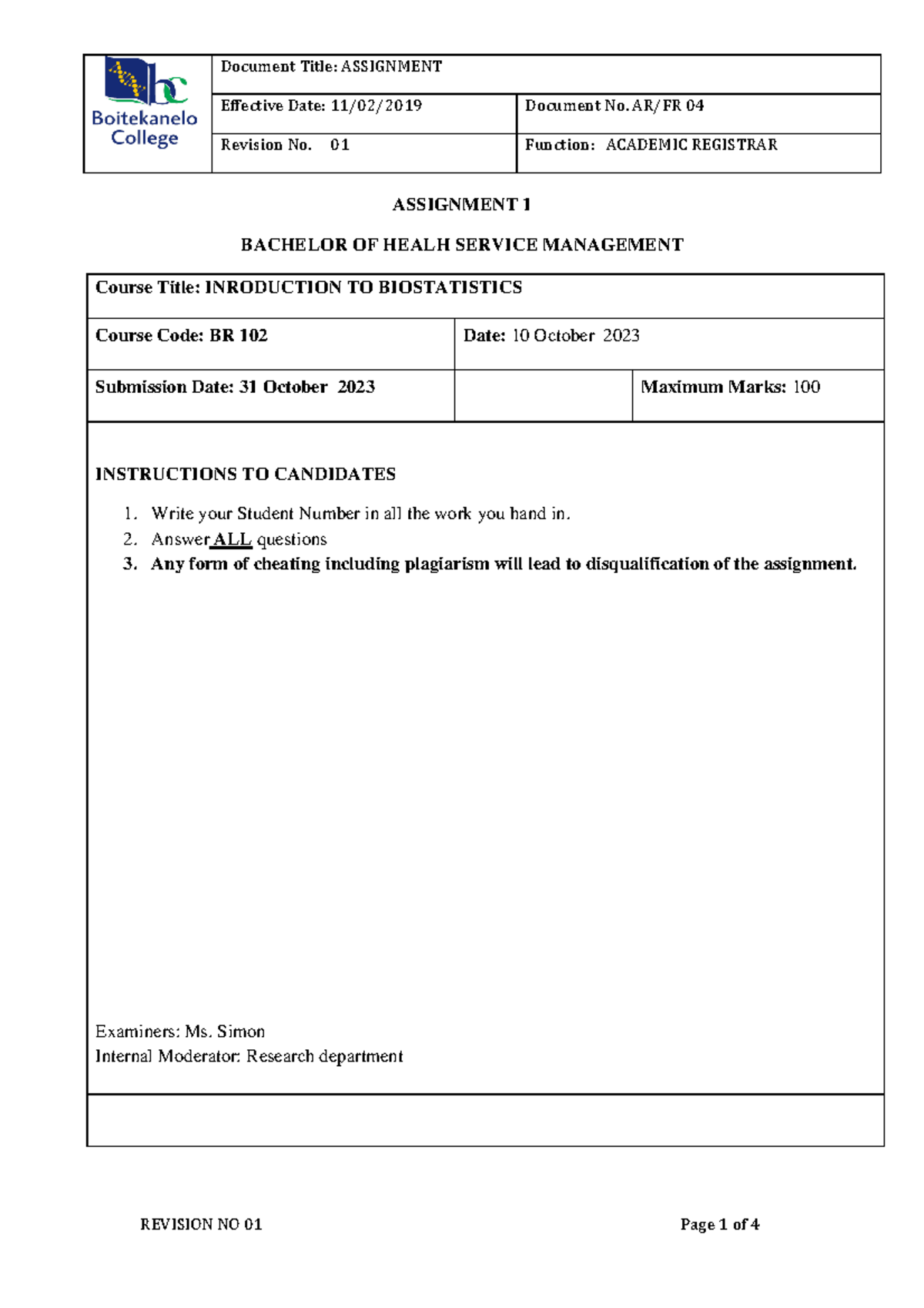 BR 102 Assignment 1 - Effective Date: 11/02/2019 Document No. AR/FR 04 ...