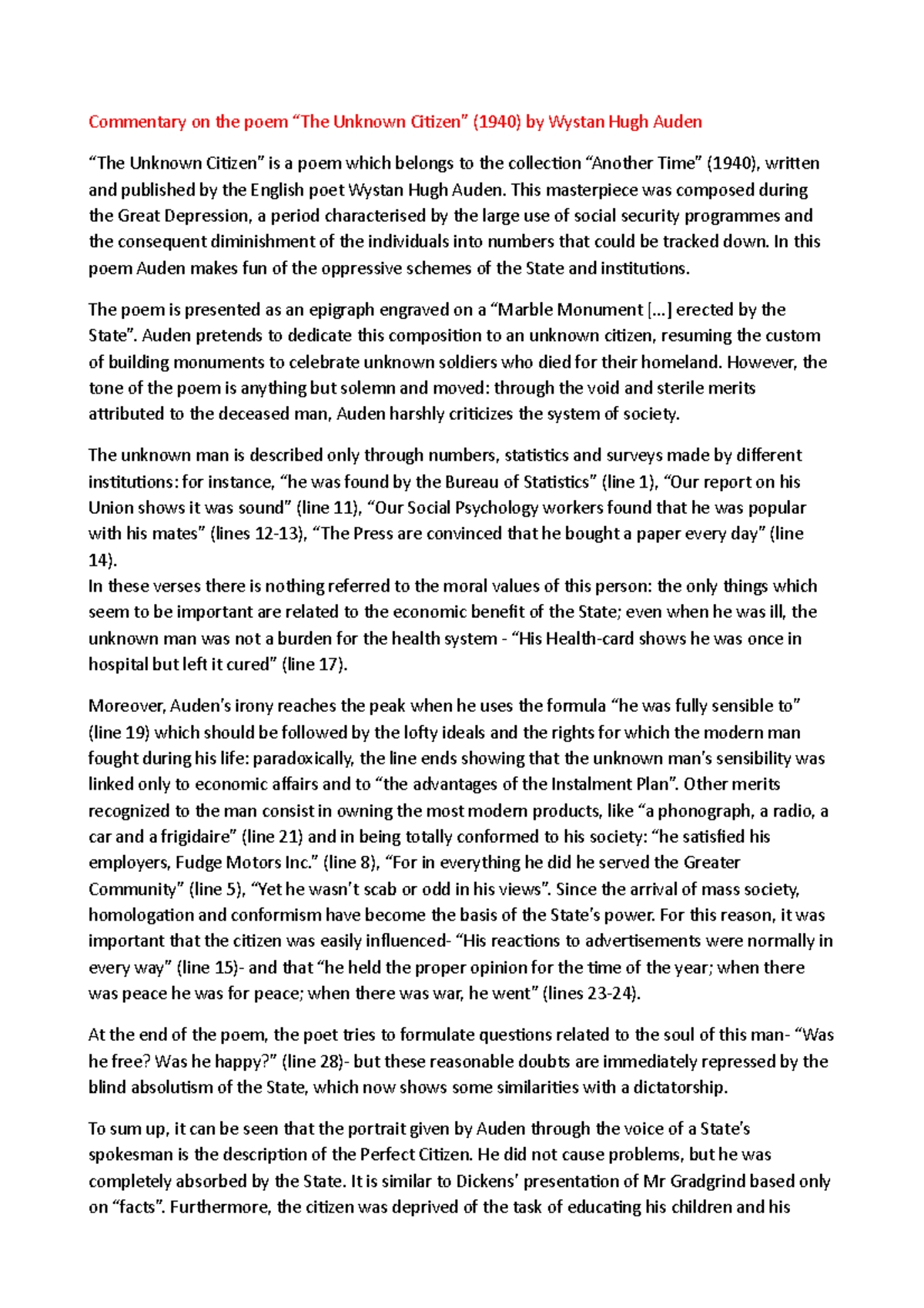 Commentary on The Unknown Citizen - Commentary on the poem “The Unknown ...