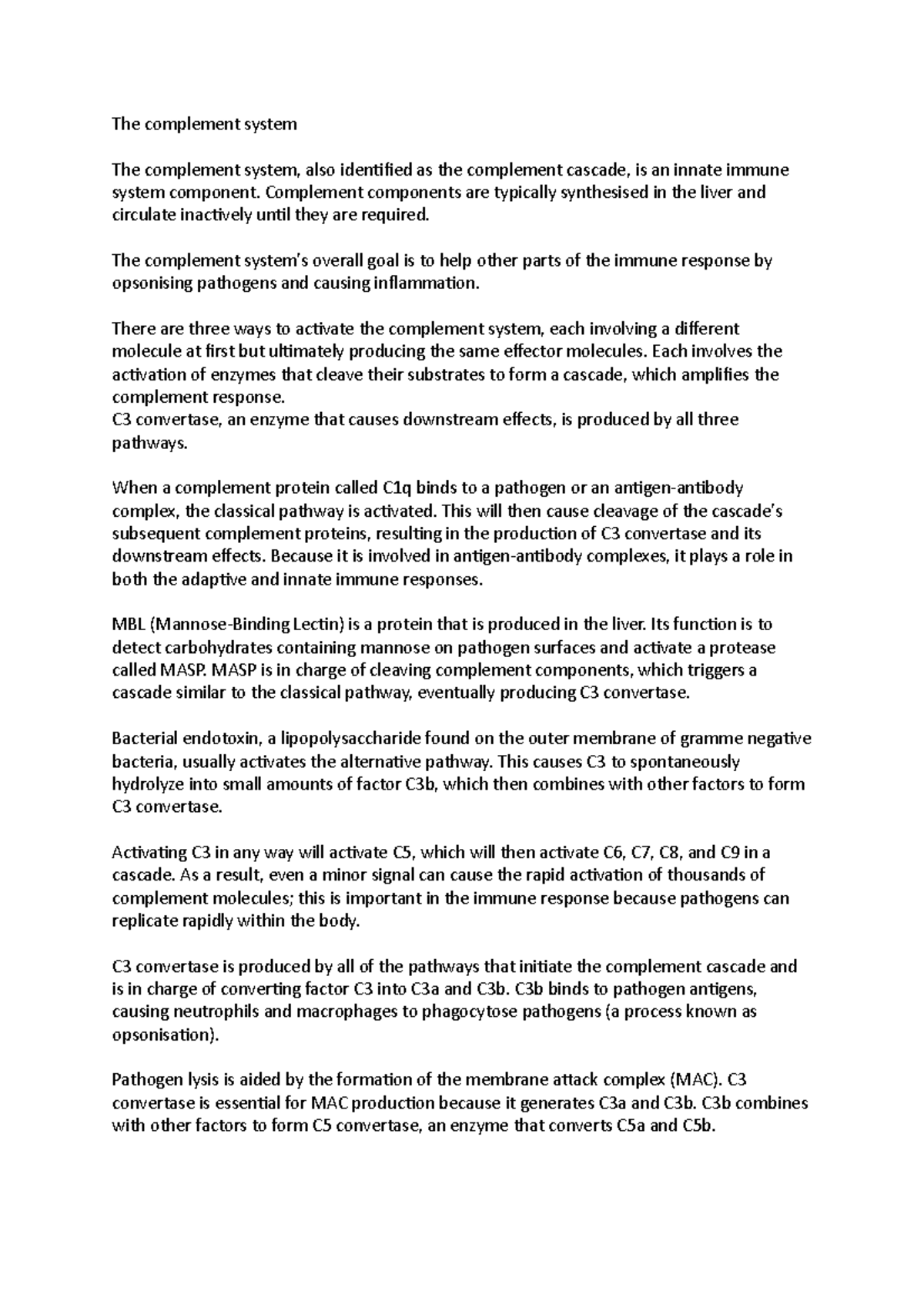 The complement system - Physiology notes - The complement system The ...