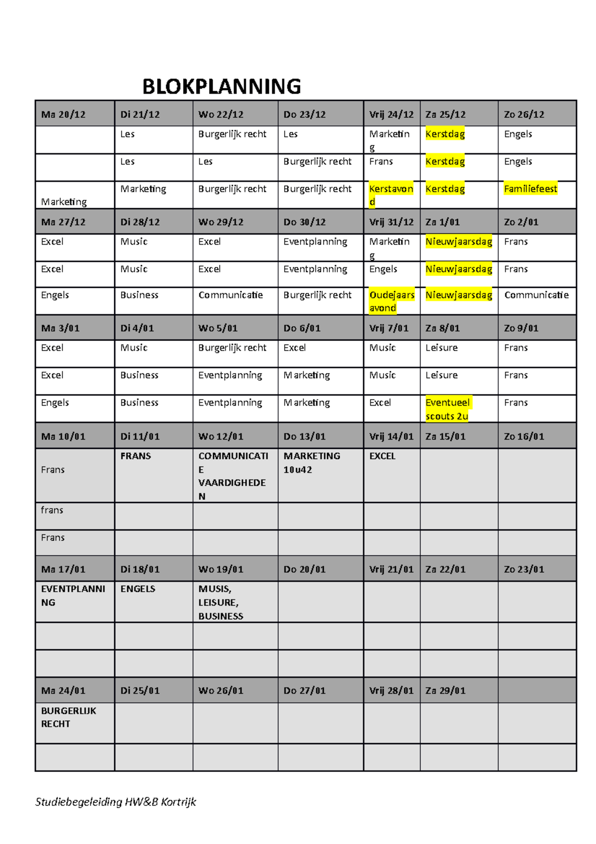 Blokplanning januari 2022 - BLOKPLANNING Ma 20/12 Di 21/12 Wo 22/12 Do ...