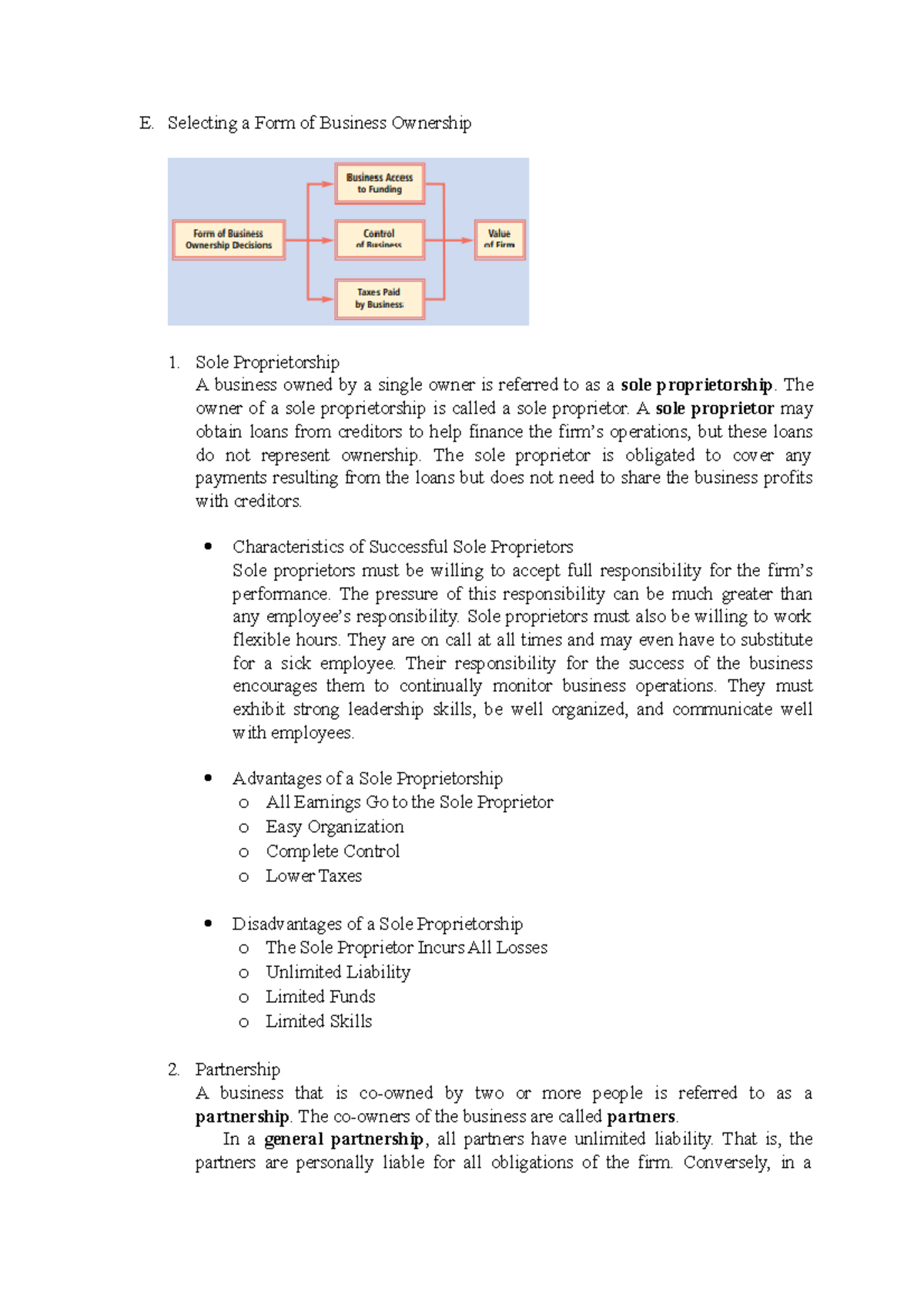 PART II Chapter 5 Selecting a Form of Business Ownership - E. Selecting ...