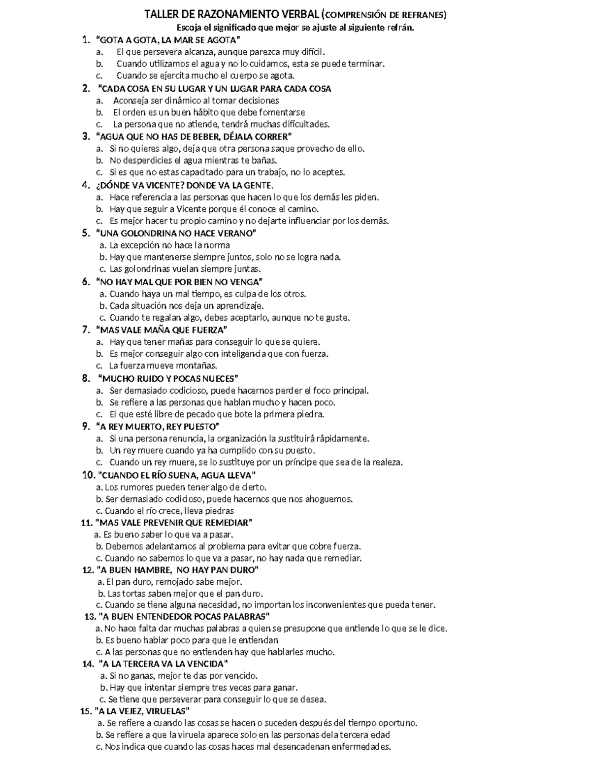Taller refranes tercero - TALLER DE RAZONAMIENTO VERBAL (COMPRENSIÓN DE ...