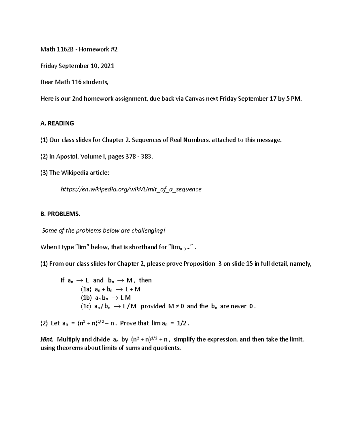 Math 116ZB - Homework -2 - Math 116ZB - Homework # Friday September 10 ...