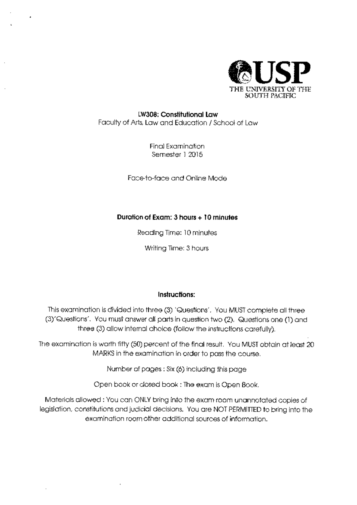 LW308 2015 Exam - questions and answers for practice - USP THE ...