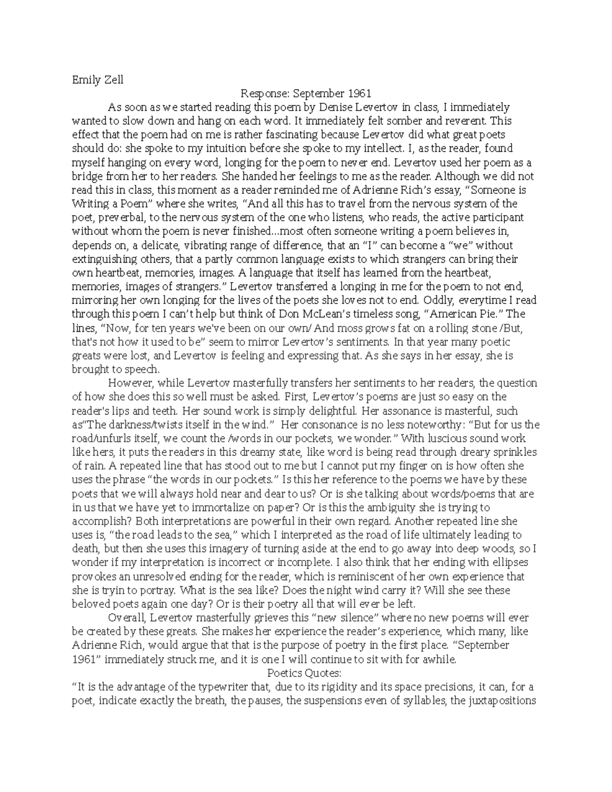 RR 1 - essay - Emily Zell Response: September 1961 As soon as we ...