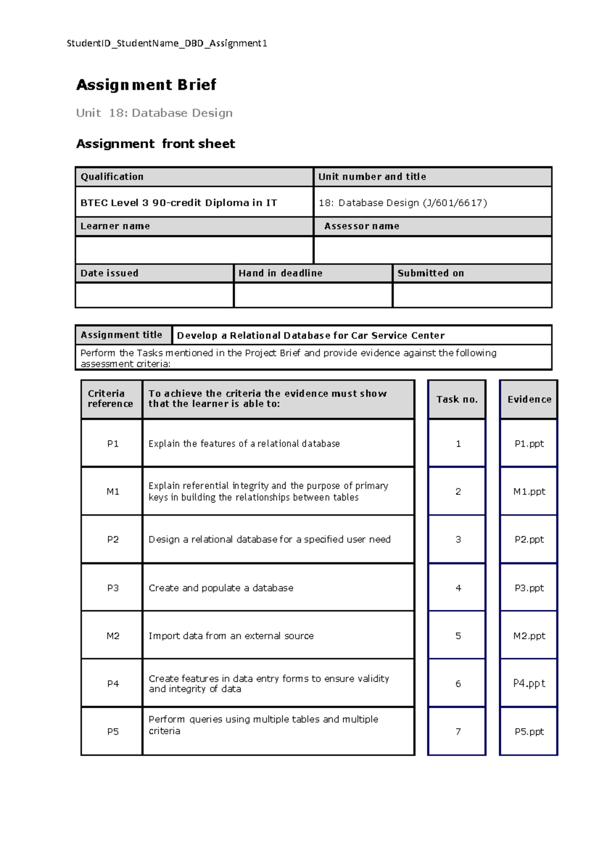 DBD Assignment - StudentID_StudentName_DBD_Assignment Assignment Brief ...