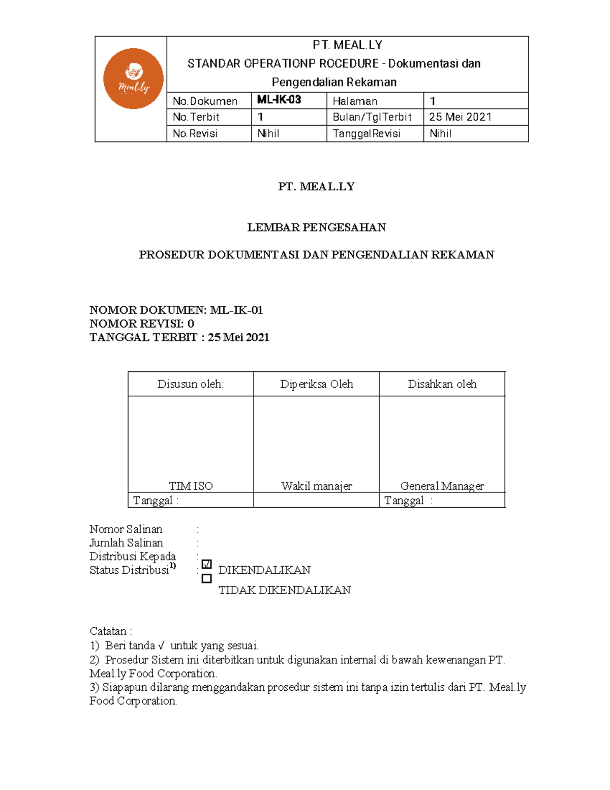 kumpulan SOP PT Meally - STANDAR OPERATIONP ROCEDURE - Dokumentasi dan Pengendalian Rekaman No ...