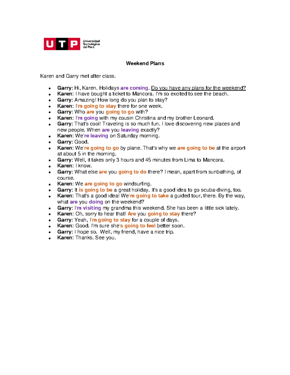 Week 11 - Script - Weekend plans - Ingles - UTP - Studocu