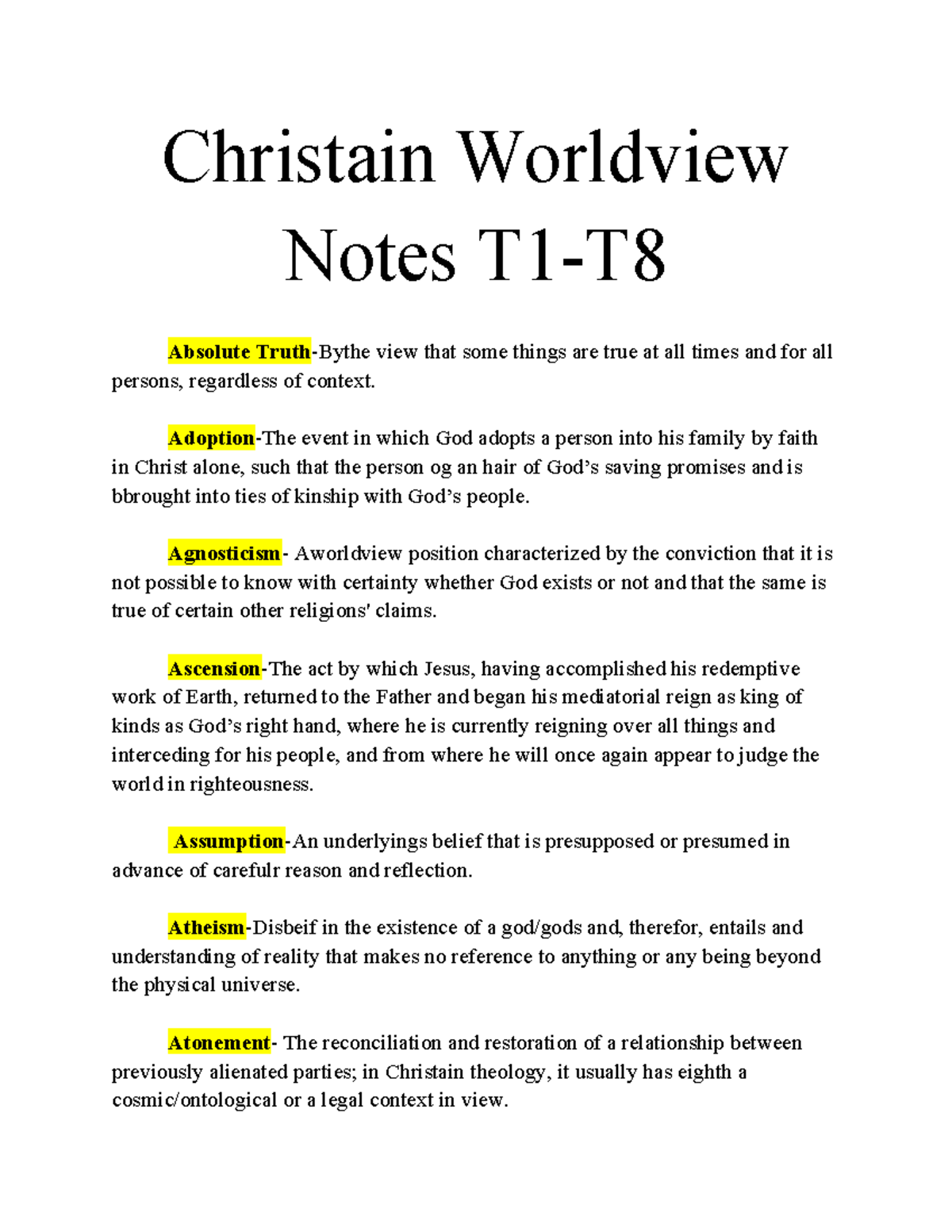 Christain Worldview Notes T1-T8 - Christain Worldview Notes T1-T ...