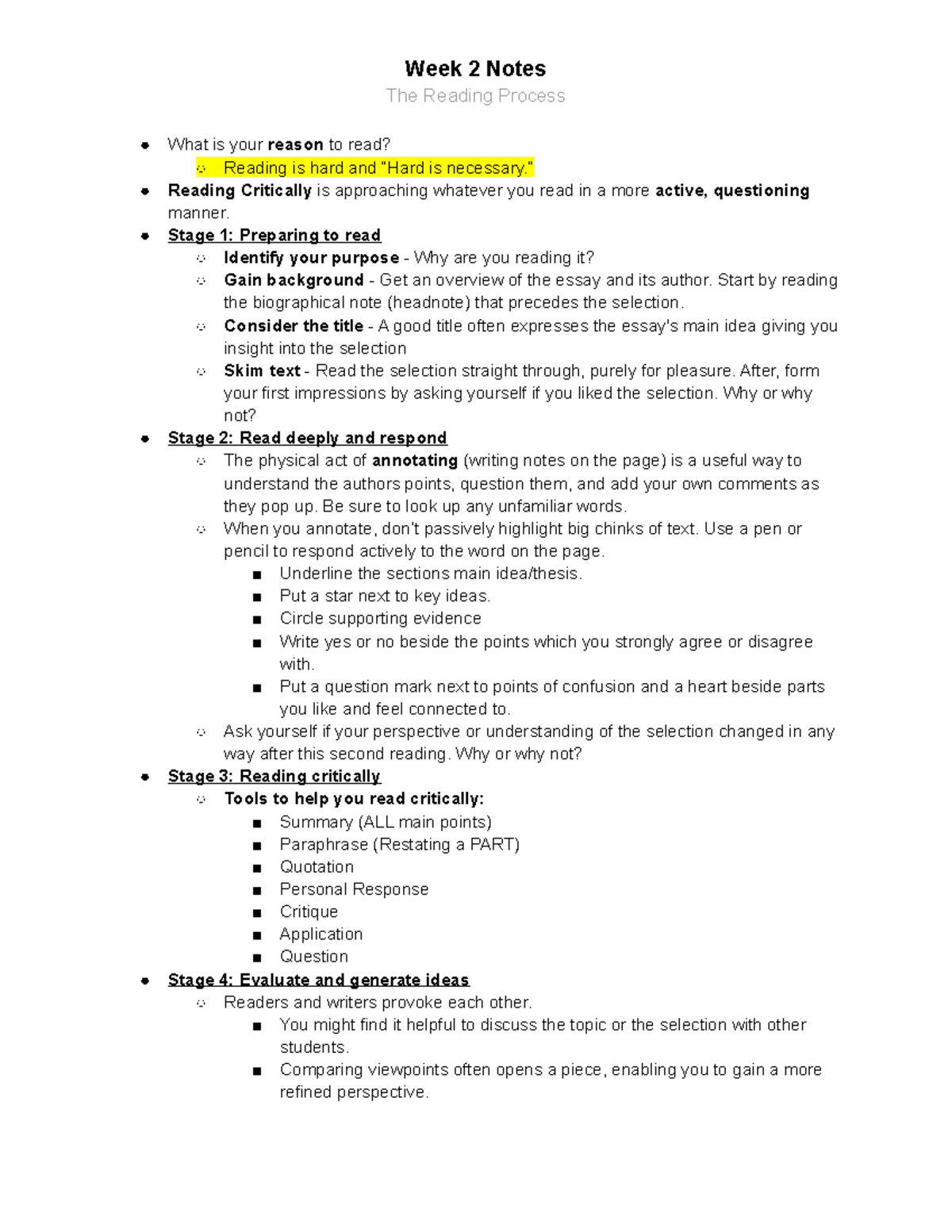 The Reading Process Notes - Week 2 Notes The Reading Process What is ...
