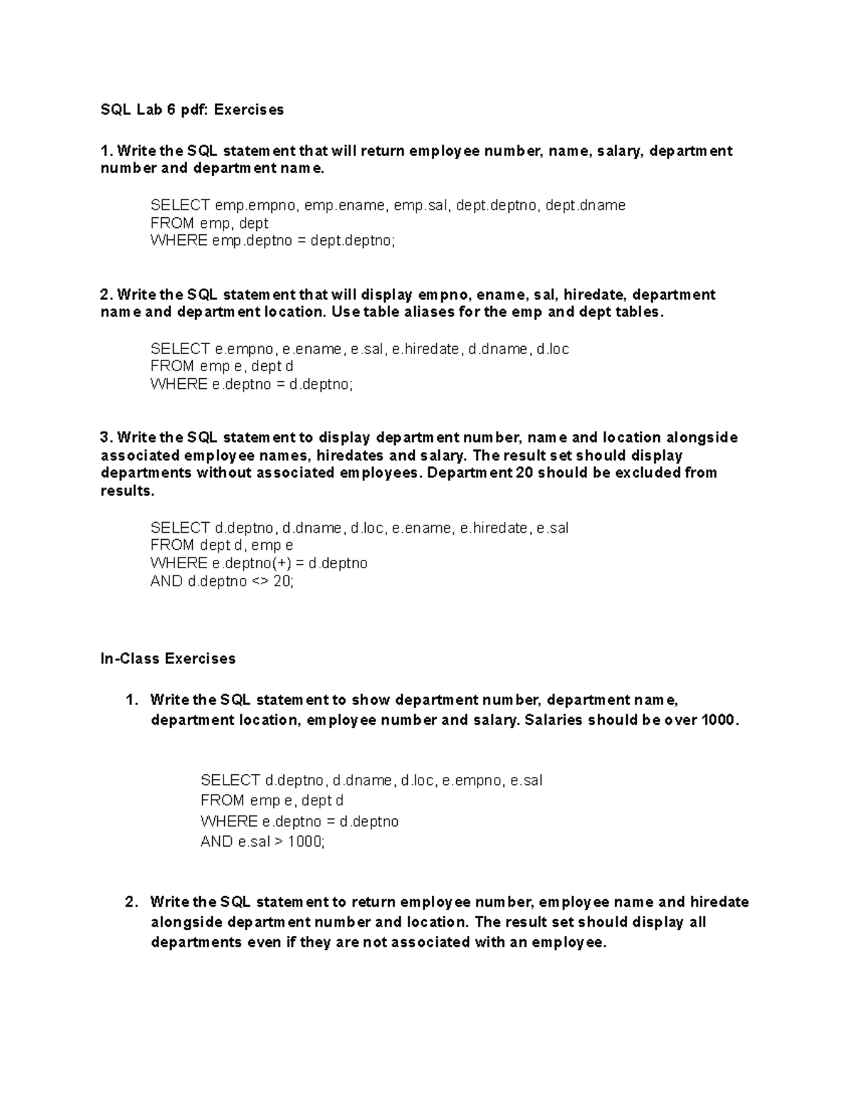 Lab 2- Joins pdf - sql - SQL Lab 6 pdf: Exercises Write the SQL statement that will return ...