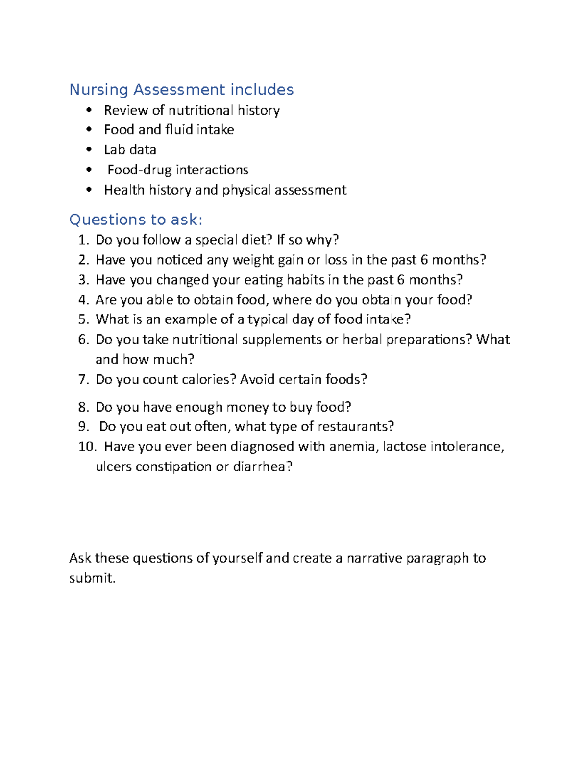 Nutrition Part 1Assessment - Nursing Assessment includes Review of ...
