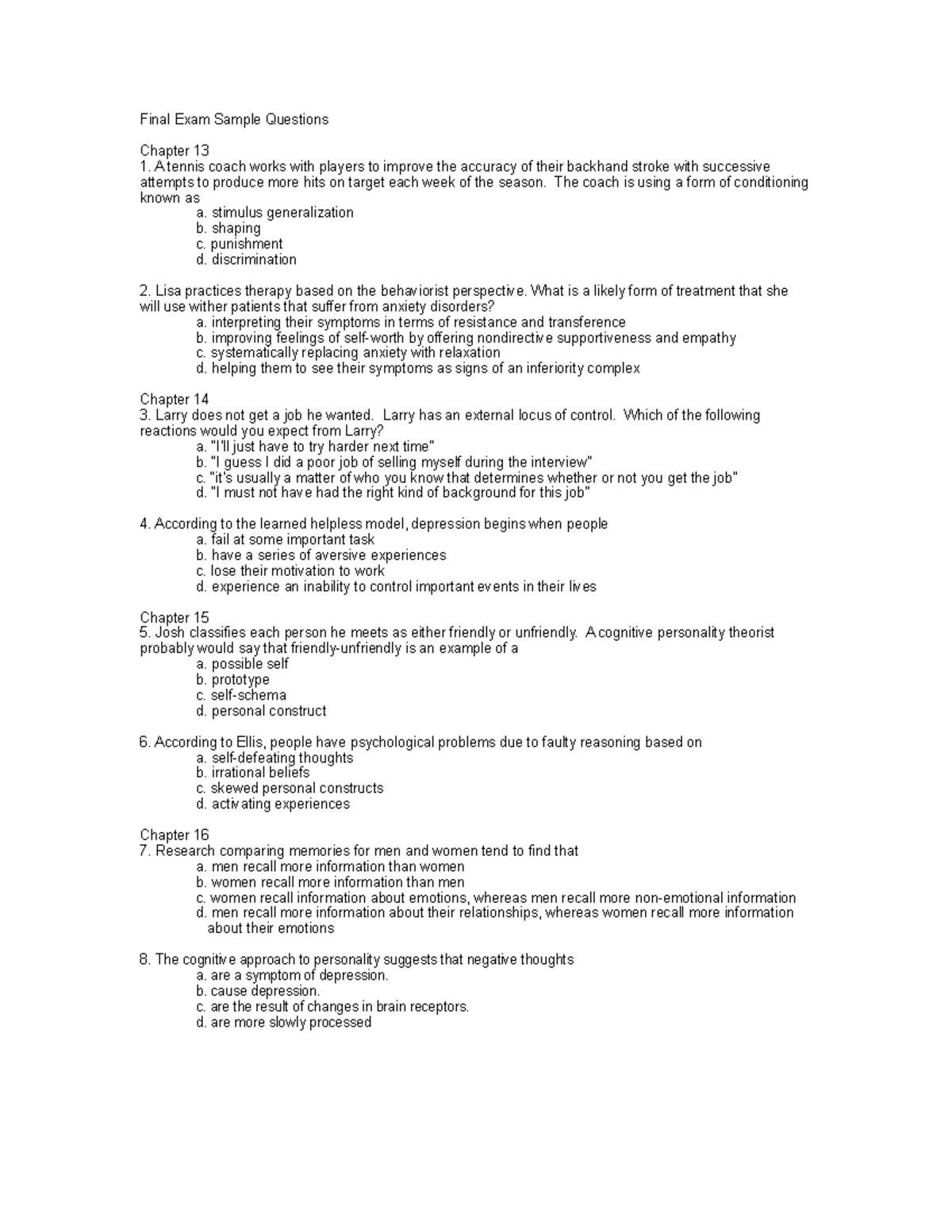 Psy 351 practice questions - Final Exam Sample Questions Chapter 13 A ...