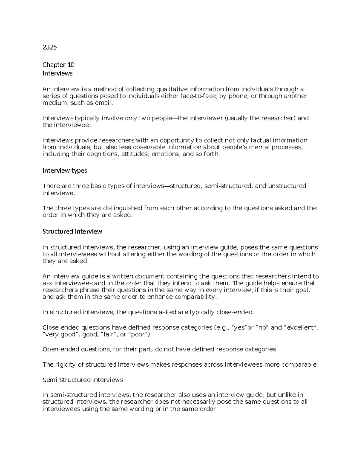 2325 - Notes - 2325 Chapter 10 Interviews An interview is a method of ...