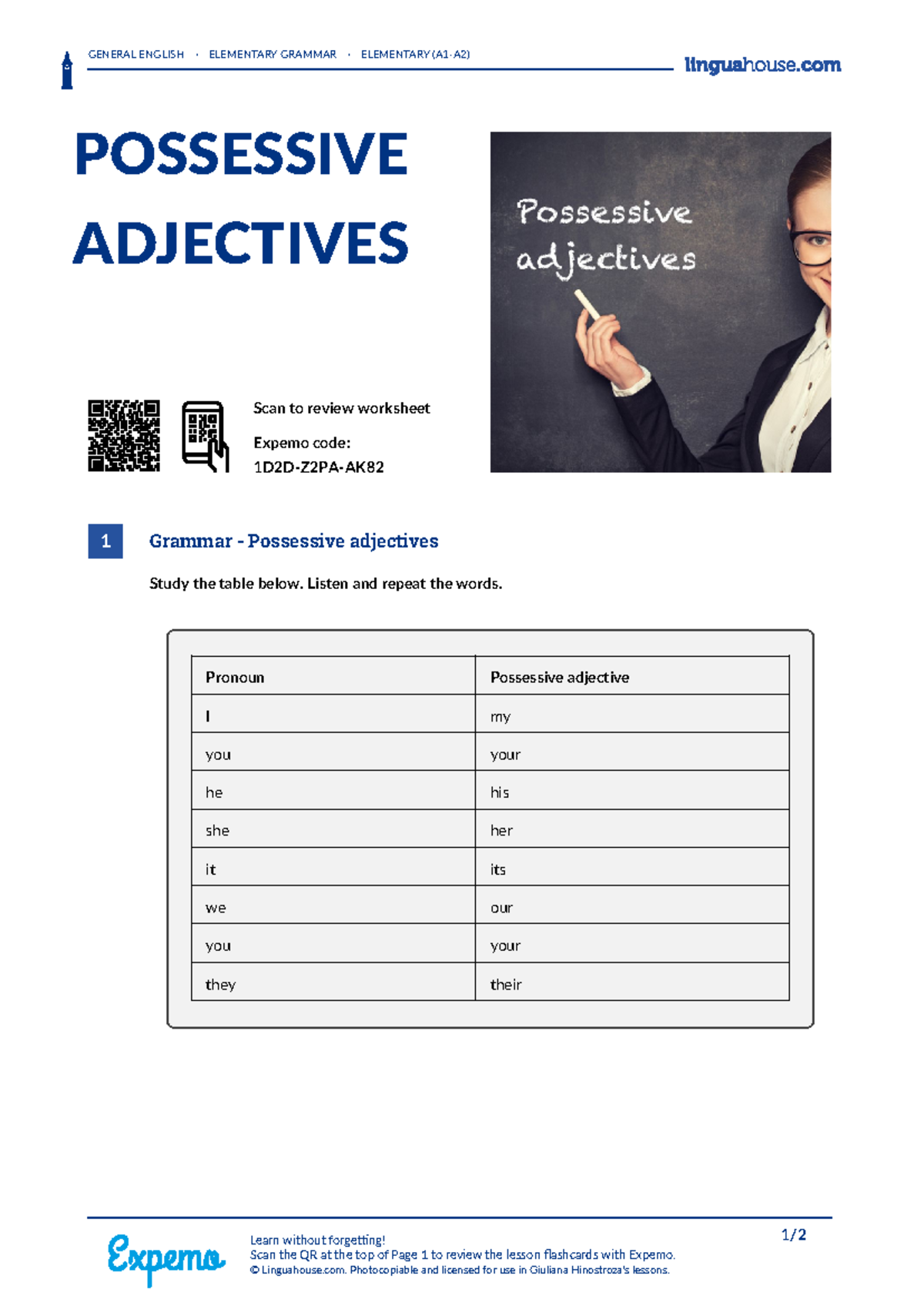 Possessive adjectives british english student - GENERAL ENGLISH ...