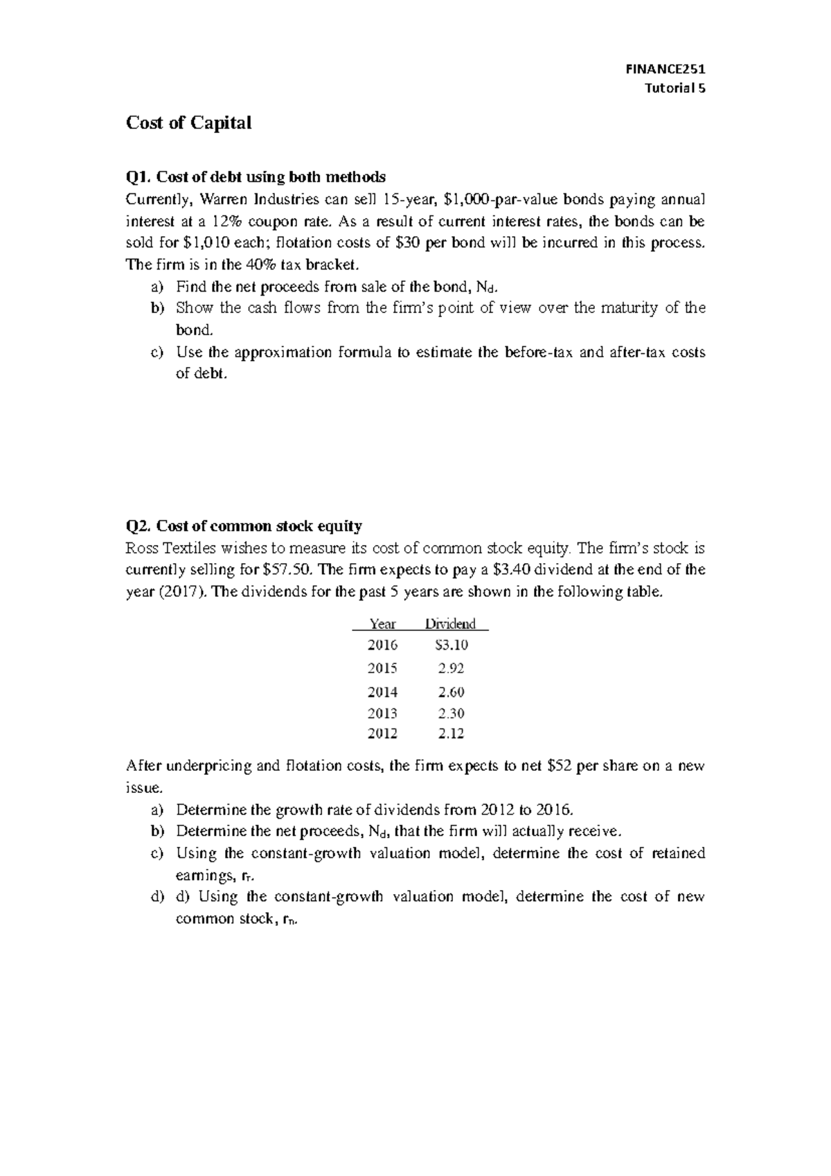 Tutorial 5 (Topic 5a Capital Budgeting Decisions - Cost of Capital ...