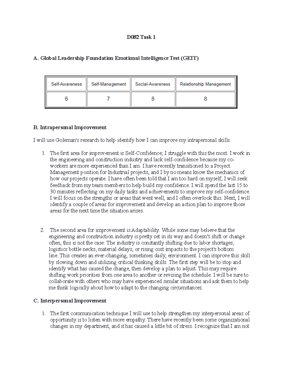 D082 Task 1 - PASS - D082 Task 1 A. Global Leadership Foundation ...