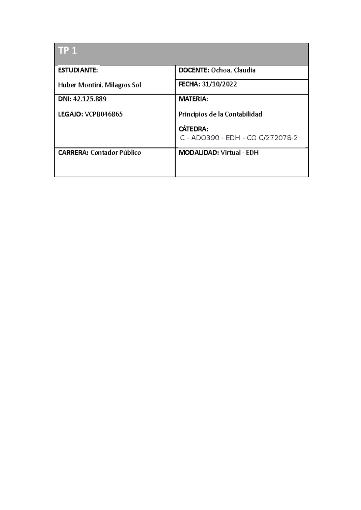 TP 1 Principios de la Contabilidad-Milagros Sol Huber Montini - TP 1 ESTUDIANTE: Huber Montini ...