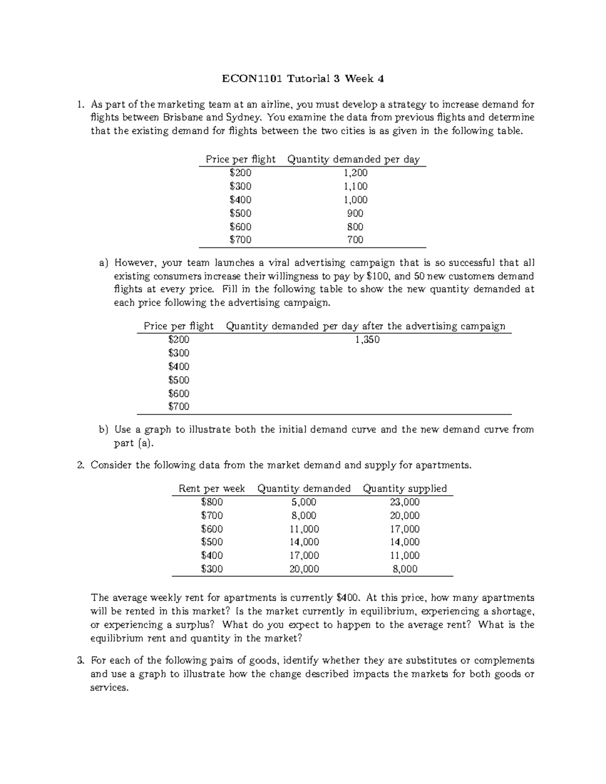 Tutorial 3 ECON1101 - tut work - ECON1101 Tutorial 3 Week 4 As part of ...