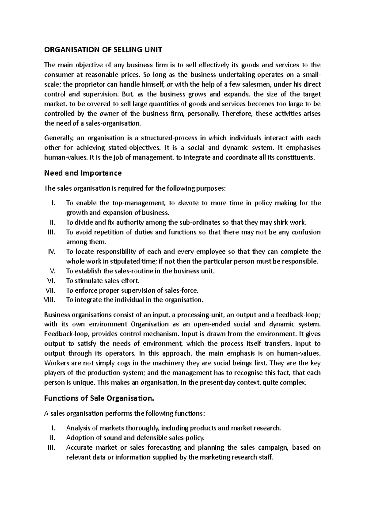 Organisation OF Selling UNIT - ORGANISATION OF SELLING UNIT The main ...