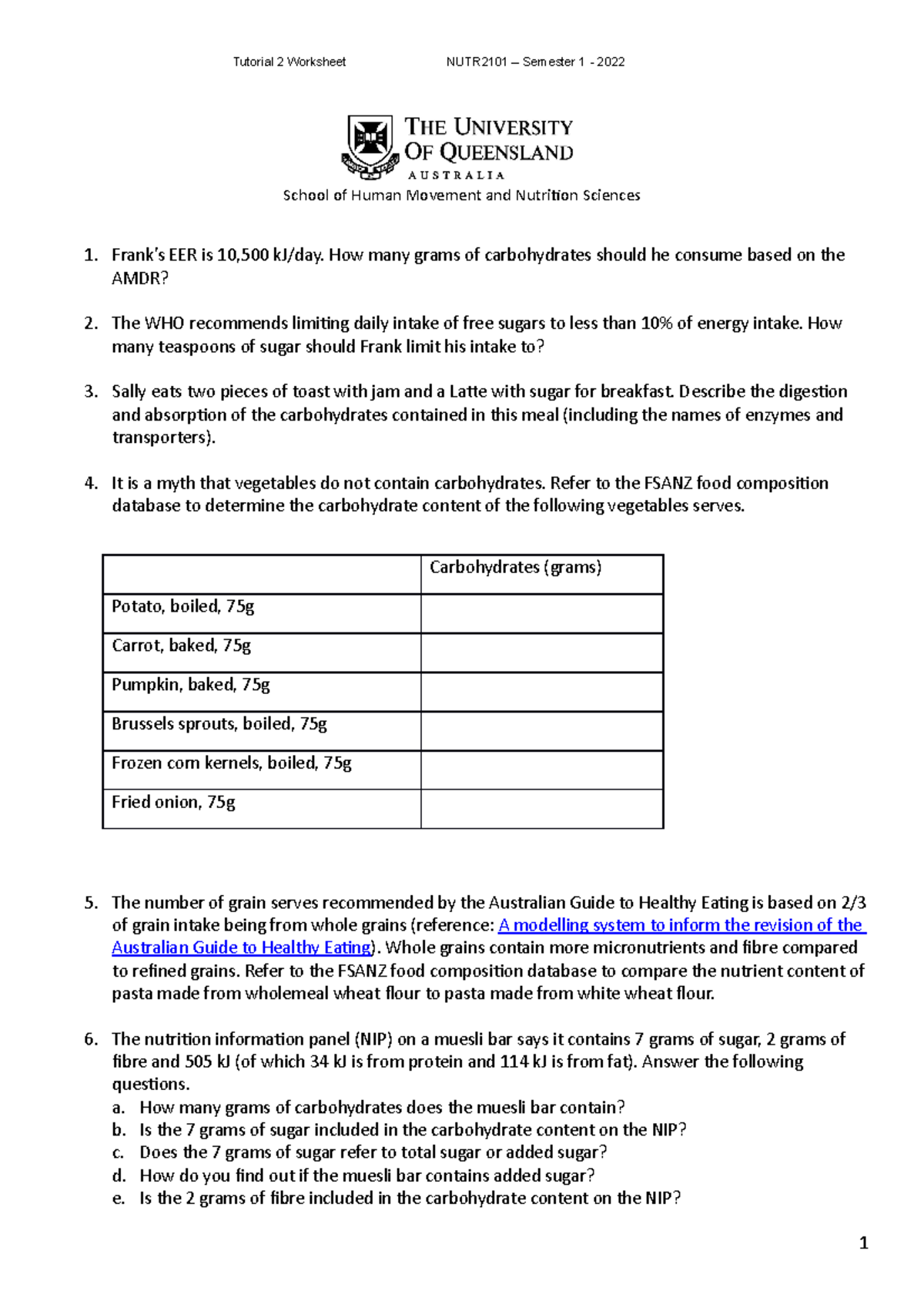 Tutorial 2 Worksheet kekek ekke kekekek - Tutorial 2 Worksheet NUTR2101 ...