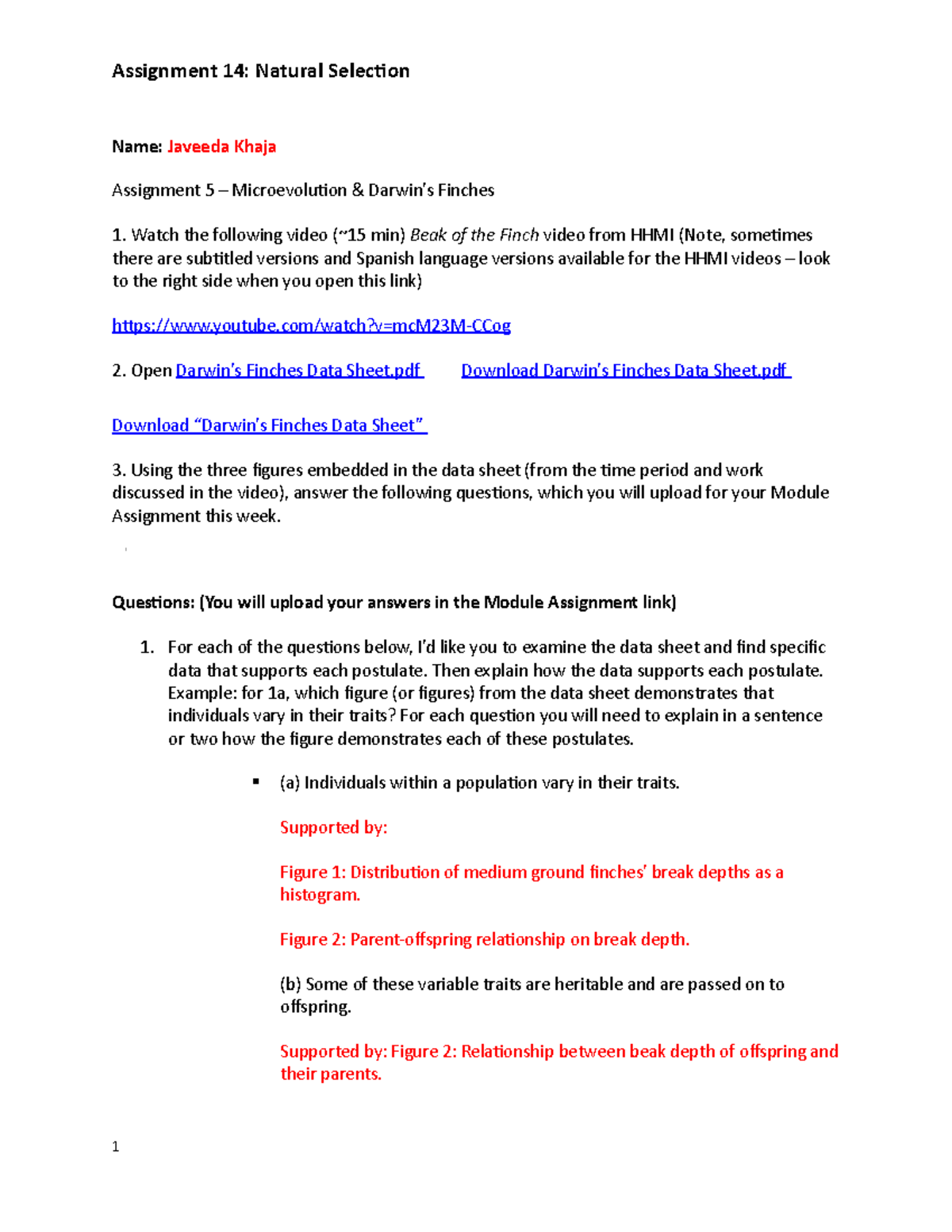 Assignment 14 Natural Selection - Assignment 14: Natural Selection Name: Javeeda Khaja ...