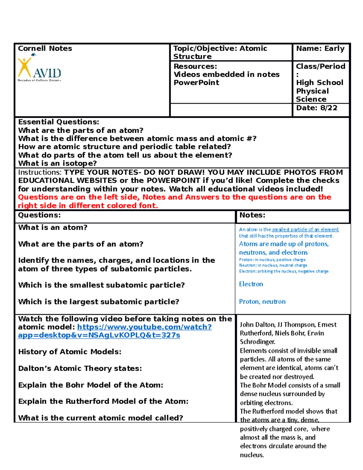 Cornell Notes on Atomic Structure and Periodi - Cornell Notes Topic ...