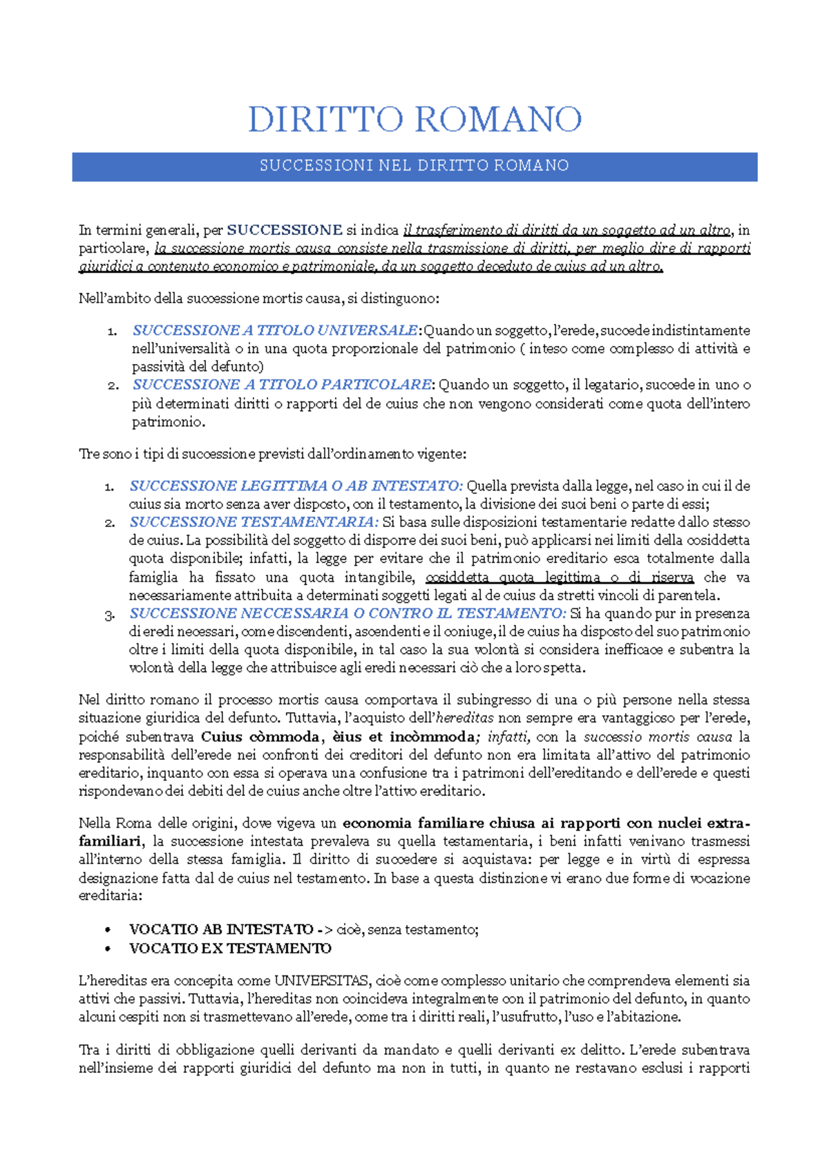 Diritto romano - DIRITTO ROMANO SUCCESSIONI NEL DIRITTO ROMANO In ...
