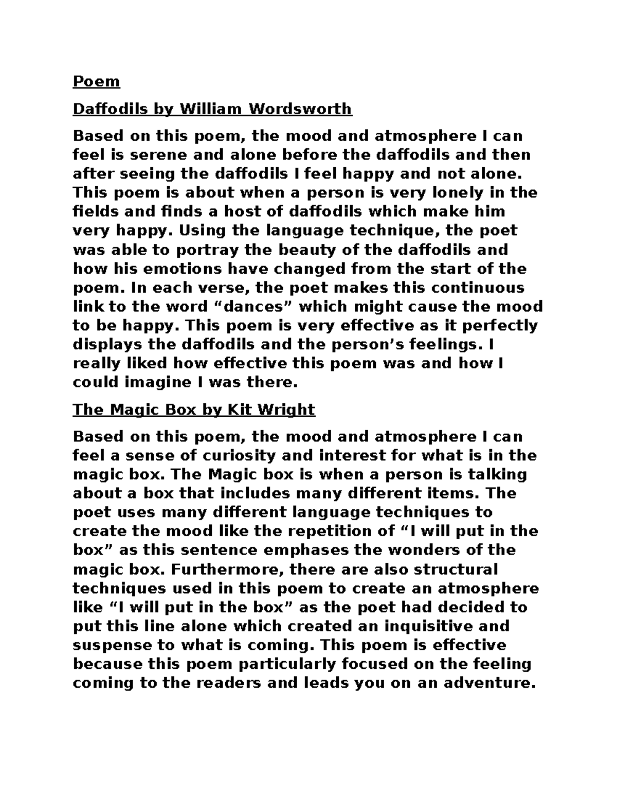 Document 8 - essay - Poem Daffodils by William Wordsworth Based on this ...