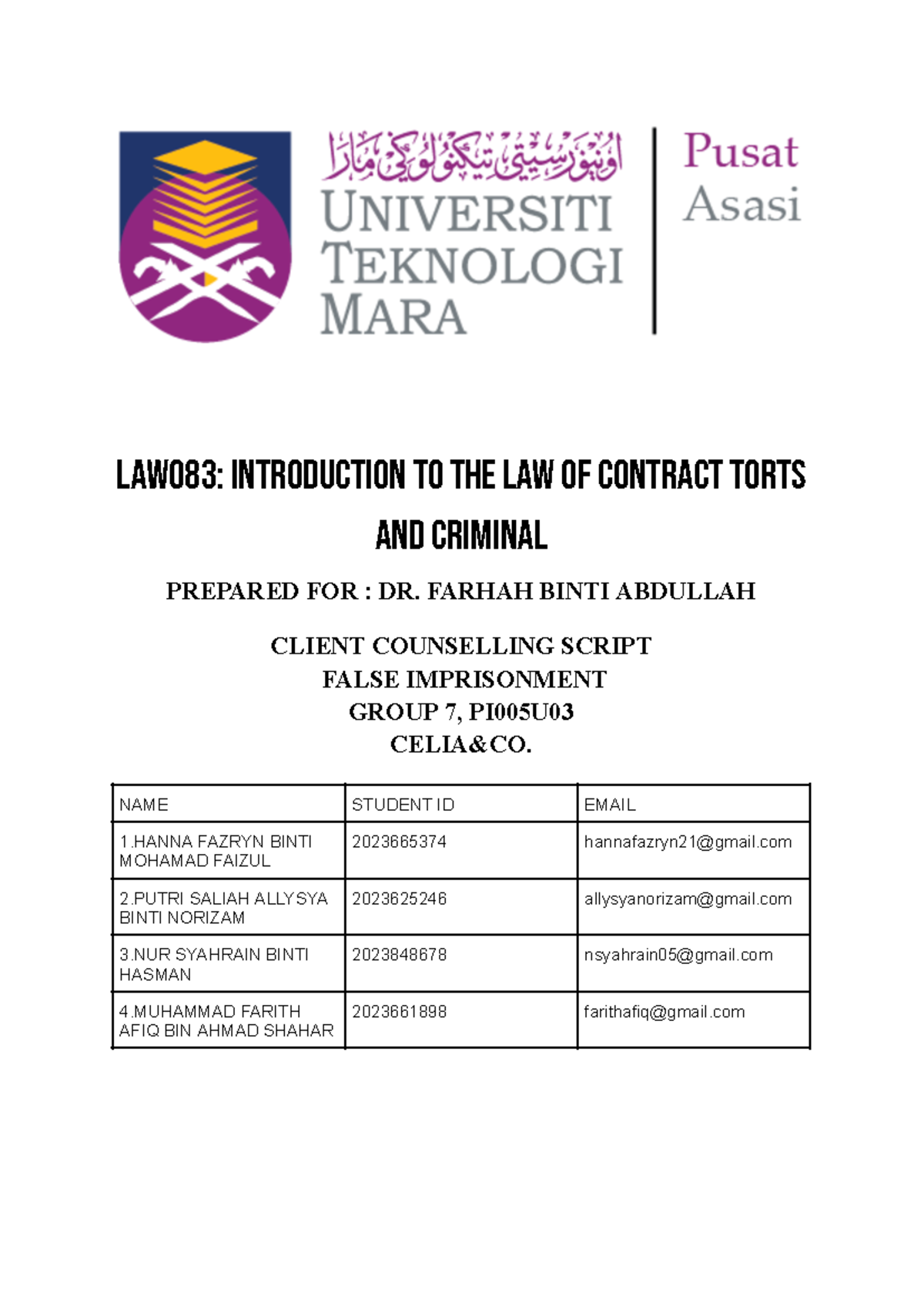 Group 7 U03 CC Scripts JAN-JUNE 2024 - LAW 083 : INTRODUCTION TO THE LAW OF CONTRACT TORTS AND ...