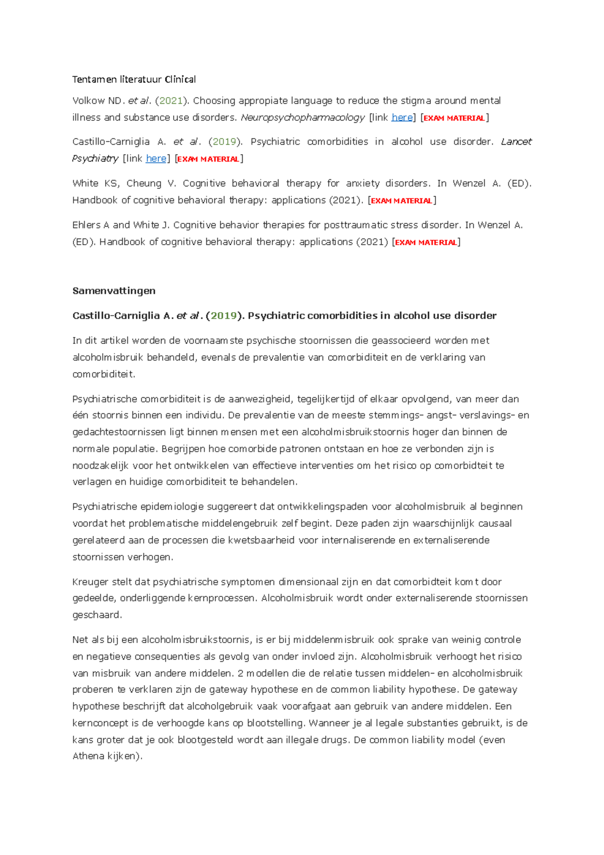 Samenvatting literatuur tentamen CP - Tentamen literatuur Clinical Volkow ND. et al. ( 2021 ...