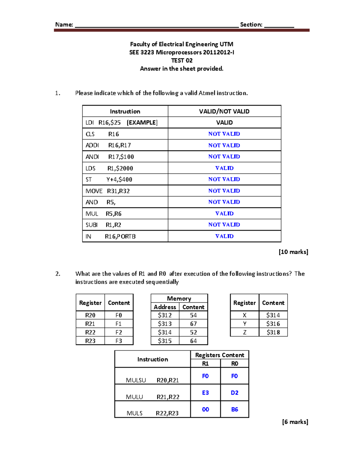 Test II Semester I Session 1112_Microprocessor - Name: - Studocu