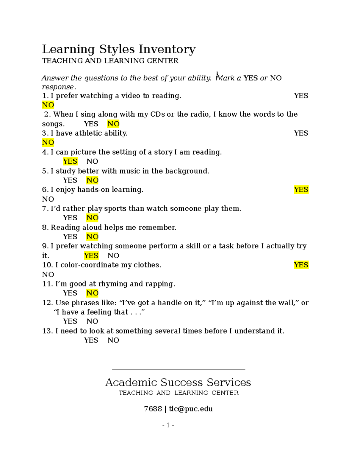 UED TASK 1 - ued task - Learning Styles Inventory TEACHING AND LEARNING CENTER Answer the ...