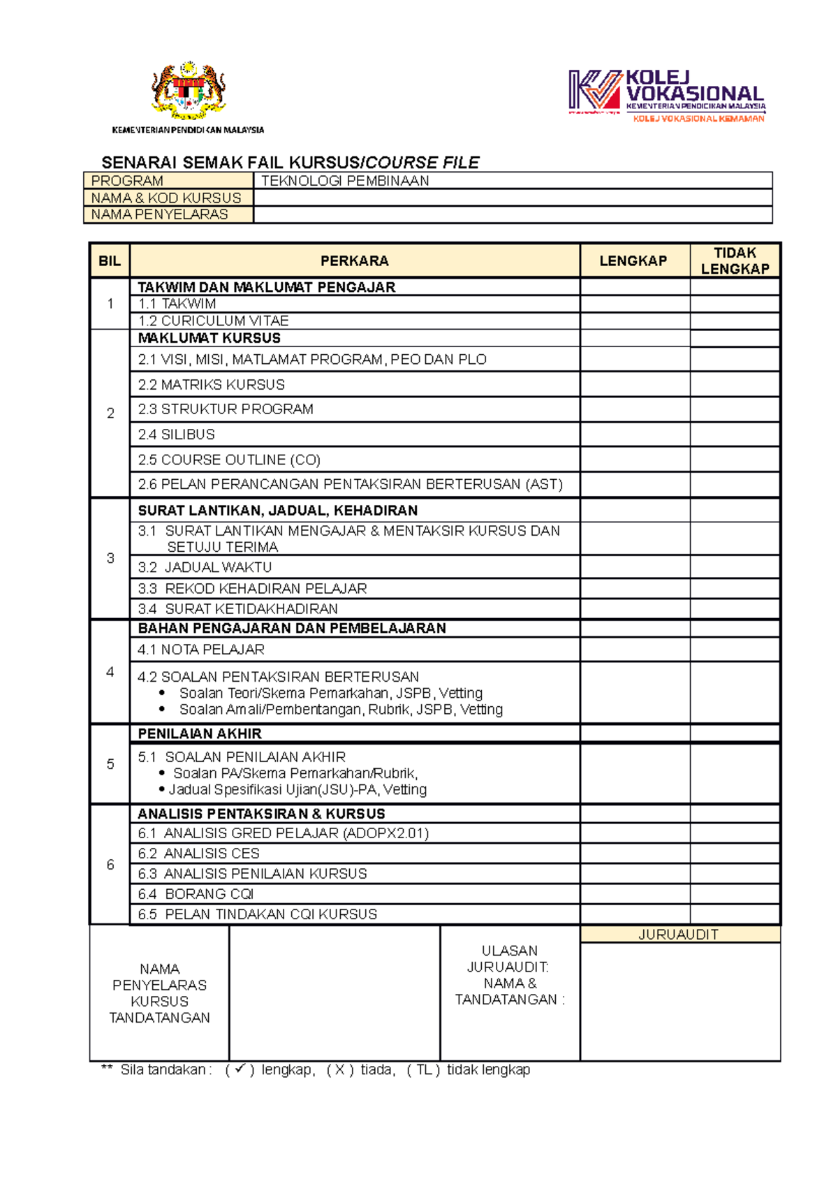 5 6199437266281040860 - SENARAI SEMAK FAIL KURSUS/COURSE FILE PROGRAM ...