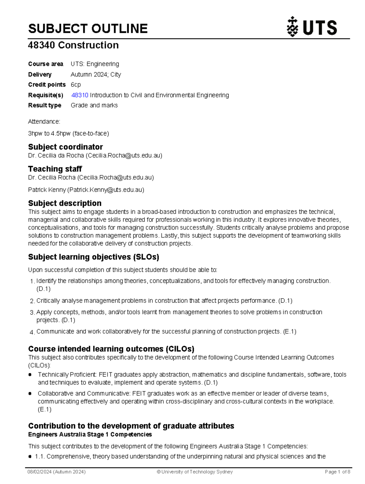 Construction Subject Outline - SUBJECT OUTLINE 48340 Construction ...