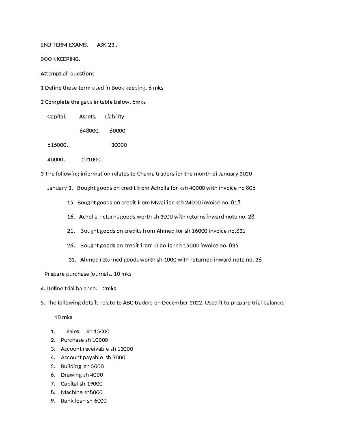 Book keepin en term - good - END TERM EXAMS. ASK 23 J BOOK KEEPING ...