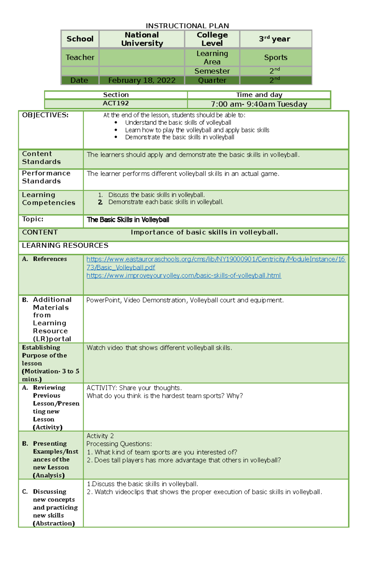 Detailed Lesson plan - INSTRUCTIONAL PLAN School National University ...