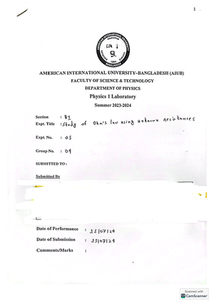 Cover page of lab report - Physics 1 Lab - AMERICAN INTERNATIONAL ...
