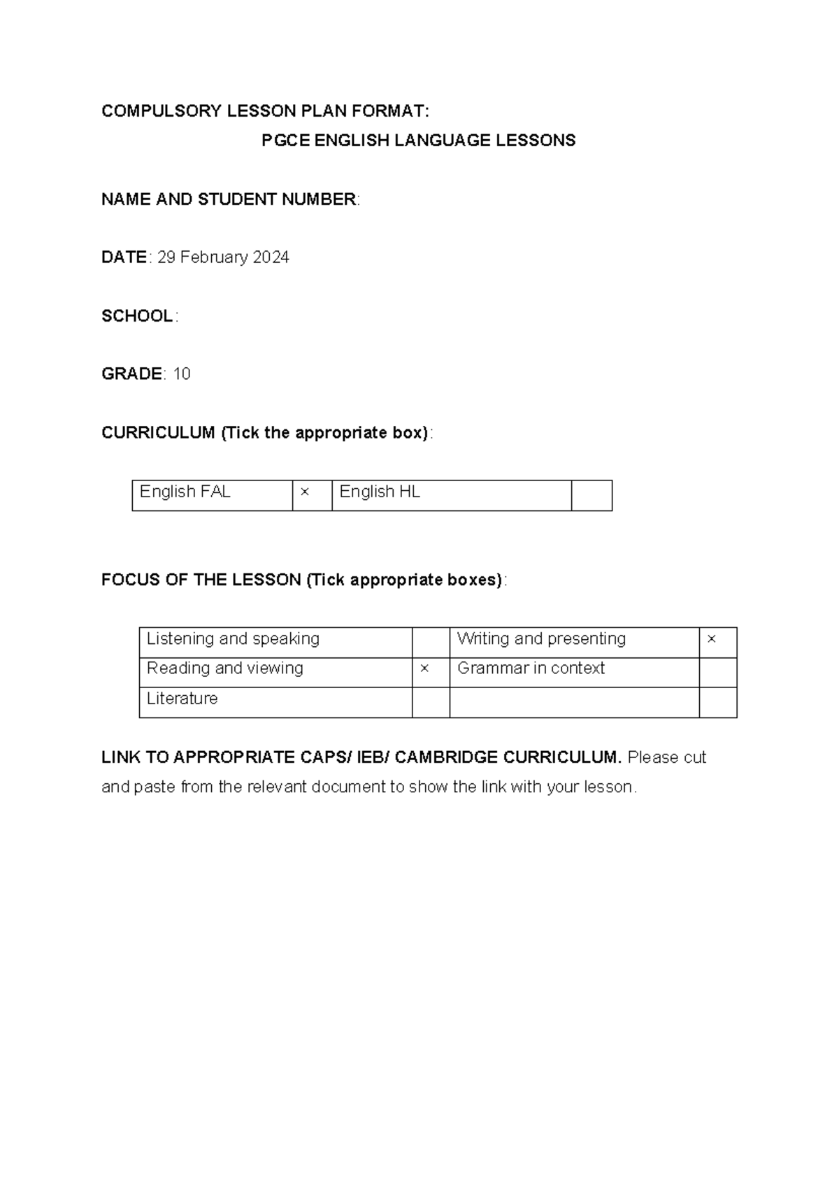 Tutorial 2 - COMPULSORY LESSON PLAN FORMAT: PGCE ENGLISH LANGUAGE ...