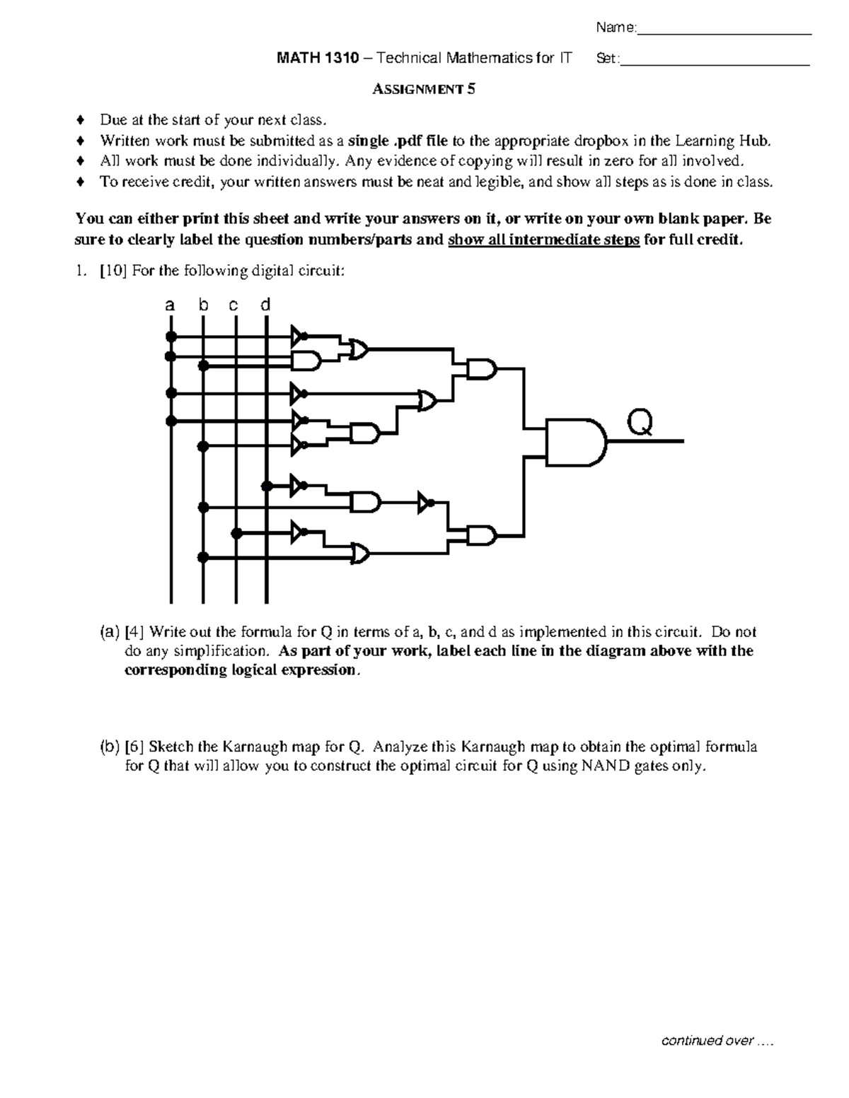 Assignment 5 - MATH 1310 – Technical Mathematics for IT continued over ...